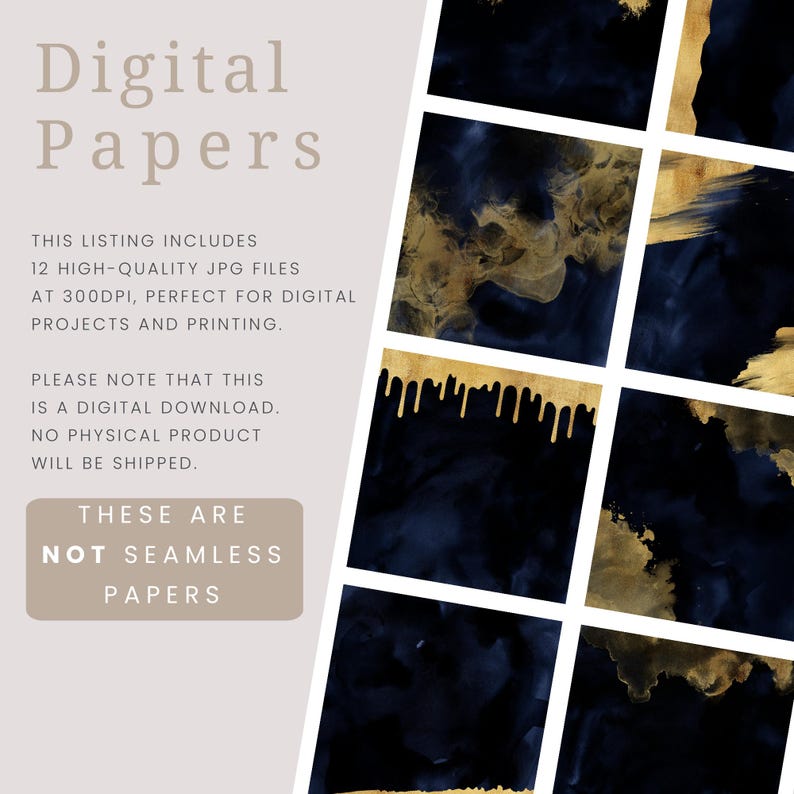 Navy & Gold Watercolor and Foil Digital Papers, Commercial Use Instant ...
