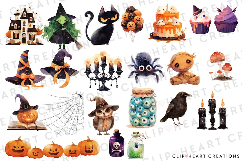 Cute Halloween Watercolor Clipart Set, Commercial Use Instant Download ...