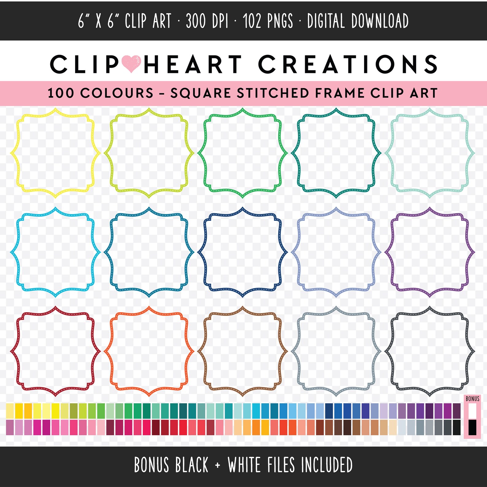 100 Stitched Frames Digital Clip Art, Commercial Use Instant Download ...