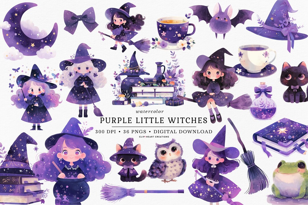 Cute Witches Halloween Watercolor Clipart Set, Commercial Use Instant ...
