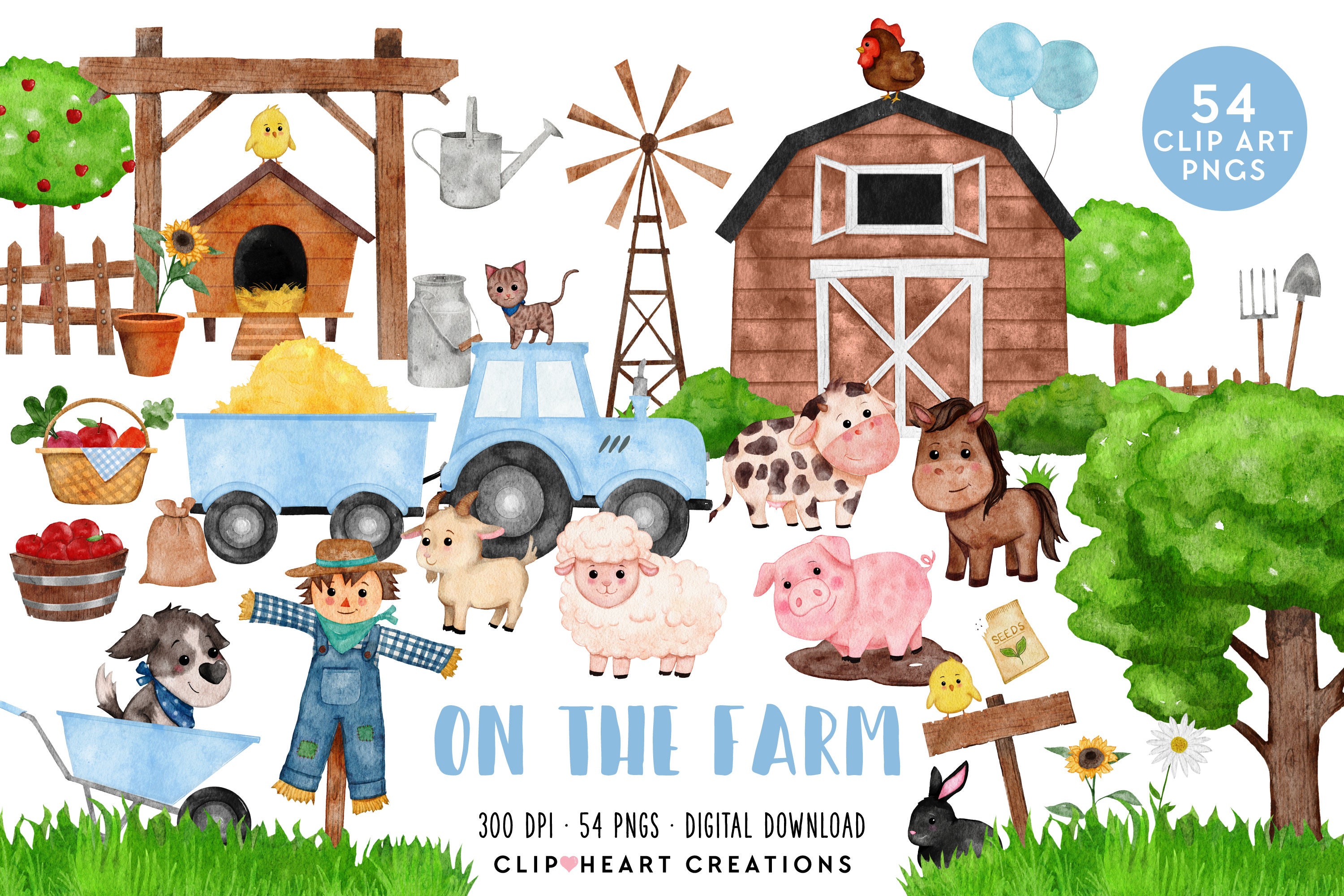 On the Farm Blue Watercolor Clip Art Commercial Use Instant - Etsy
