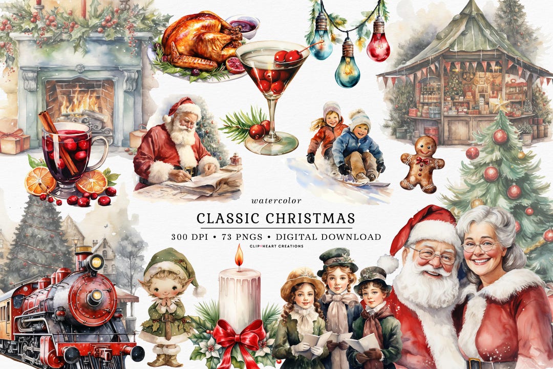 Watercolor Classic Christmas Clipart Set, Commercial Use Instant ...