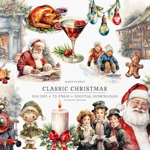 Watercolor Classic Christmas Clipart Set, Commercial Use Instant ...