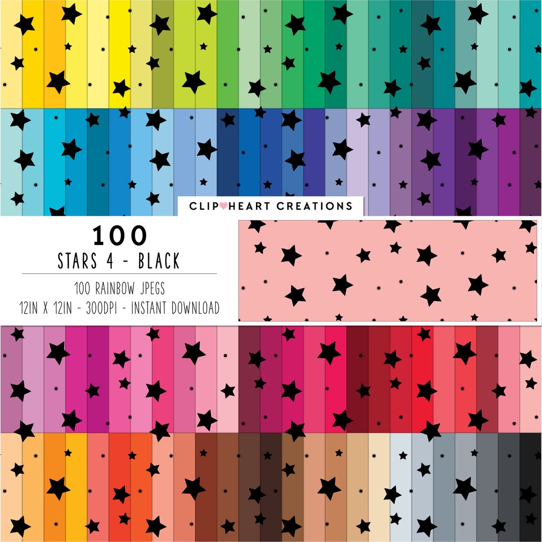 100 Star Pattern Digital Papers, Commercial Use Seamless Black Stars ...