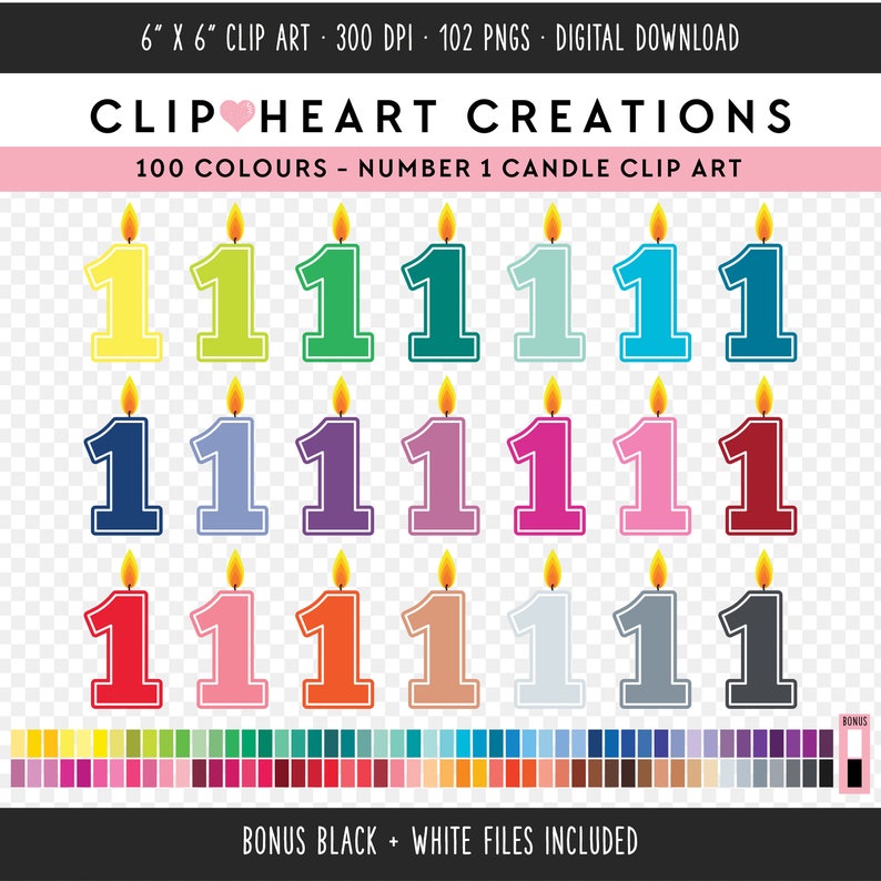 100 Number One Birthday Candle Clip Art, Commercial Use Instant ...