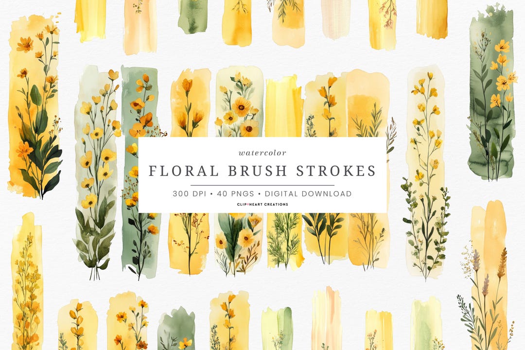 Watercolor Floral Brush Strokes: Green & Yellow PNG Clipart (digital ...
