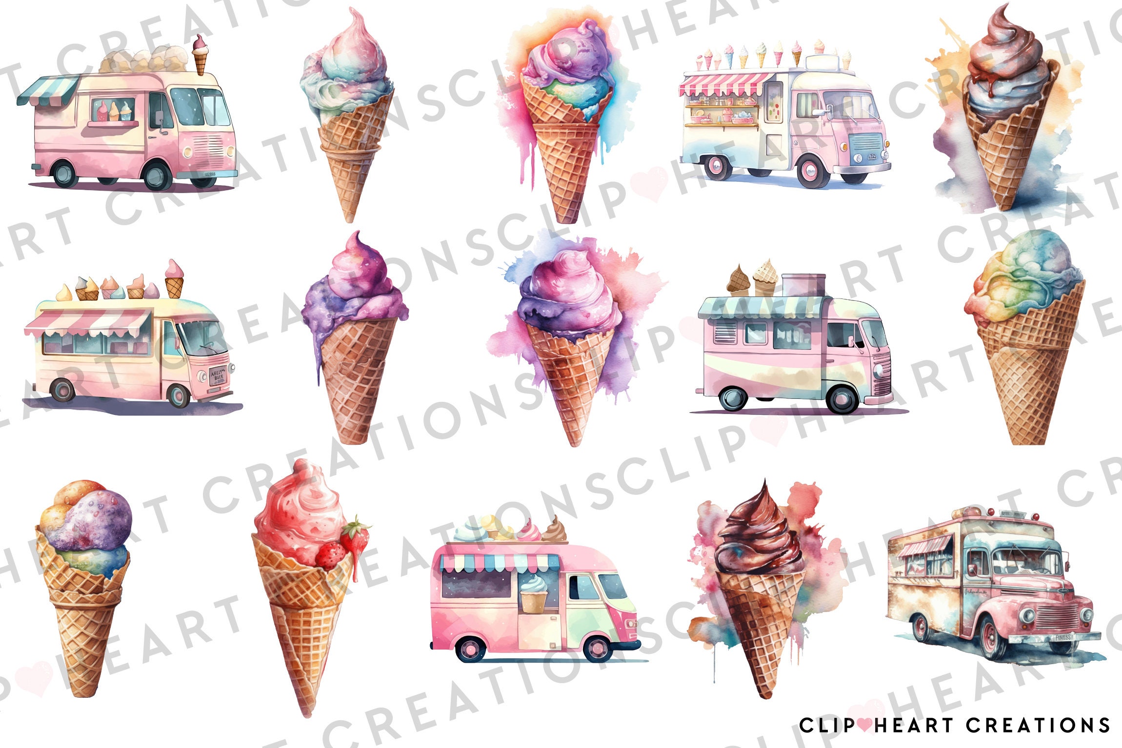 Ice Cream Watercolor Clipart Set, Commercial Use Instant Download PNG ...