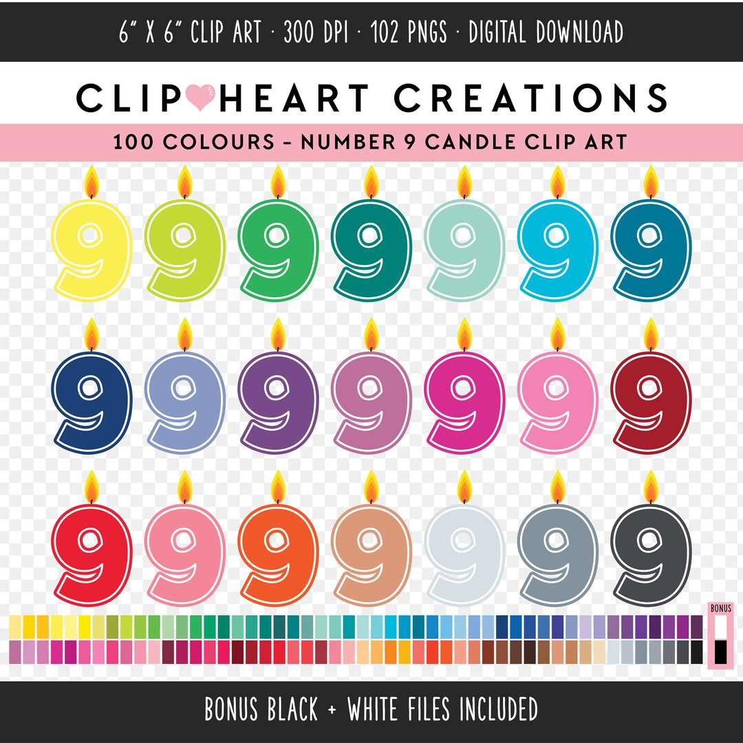 100 Number Nine Birthday Candle Clip Art, Commercial Use Instant ...