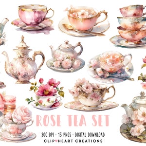 Rose Tea Set Watercolor Clipart Collection, Commercial Use Instant ...