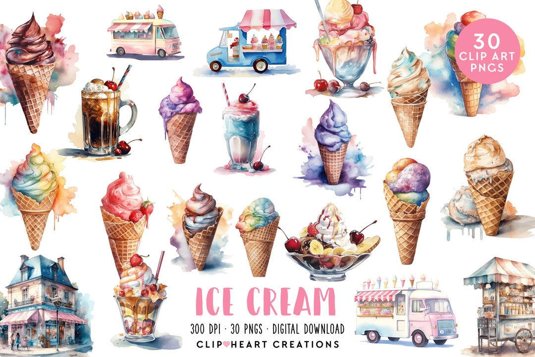 Ice Cream Watercolor Clipart Set, Commercial Use Instant Download PNG ...