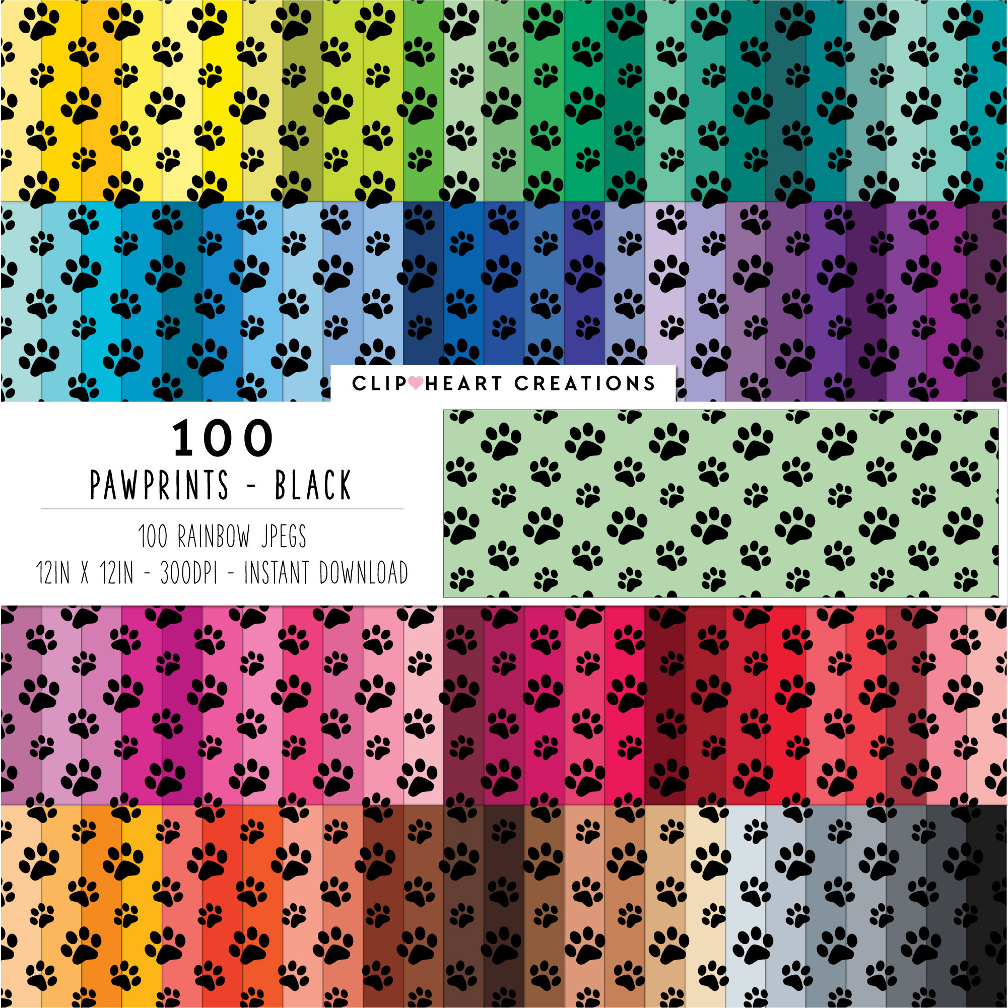 100 Paw Prints Pattern Digital Paper, Commercial Use Seamless Black Paw ...