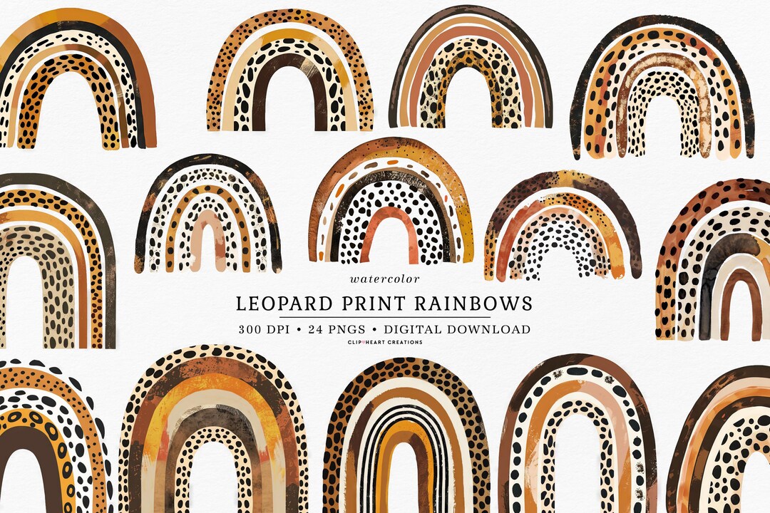 Leopard Print Rainbows Watercolor Clipart Set, Commercial Use Instant ...