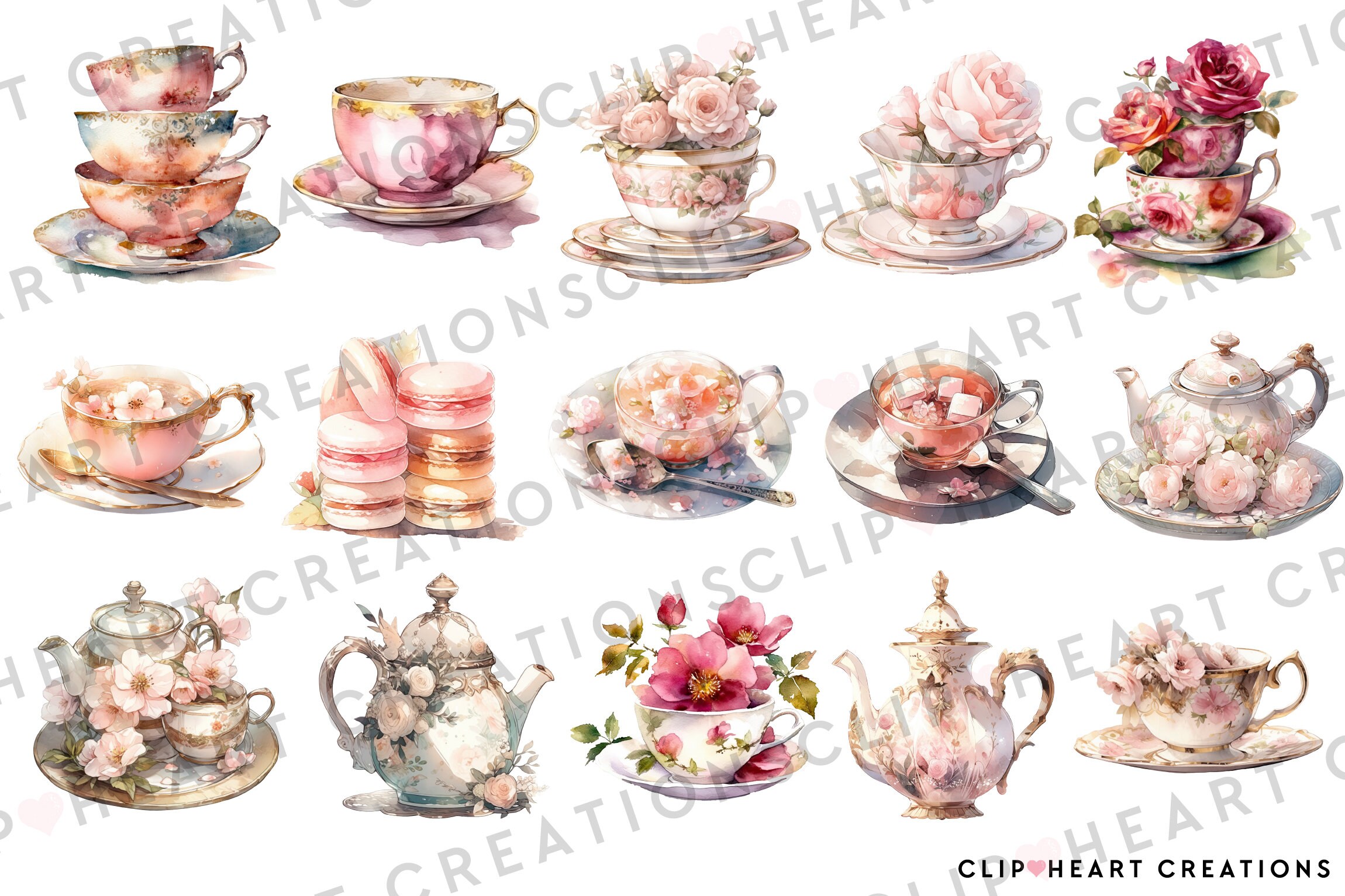 Rose Tea Set Watercolor Clipart Collection, Commercial Use Instant ...