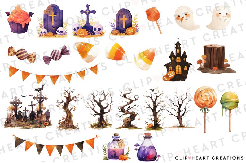 Cute Halloween Watercolor Clipart Set, Commercial Use Instant Download ...