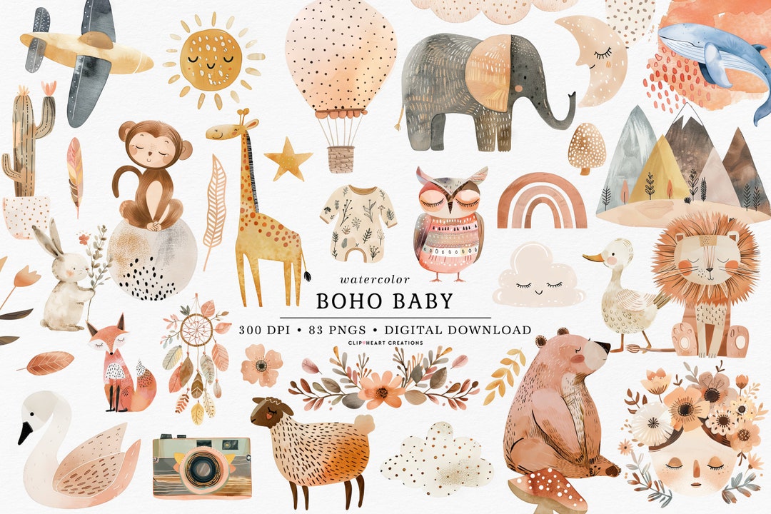 Watercolor Boho Baby Clipart, Commercial Use Instant Download PNG ...