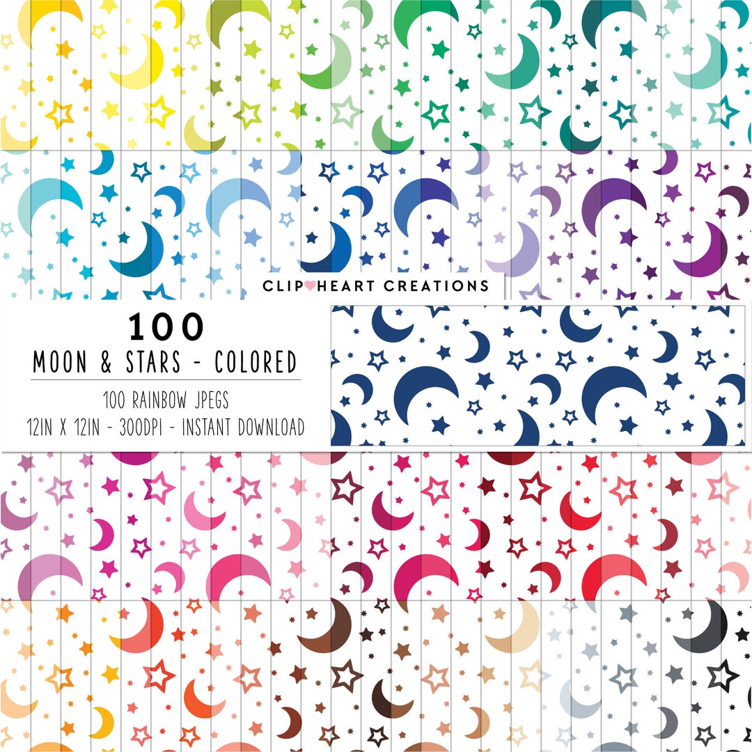 100 Moon & Stars Digital Papers, Commercial Use Seamless Stars Digital ...