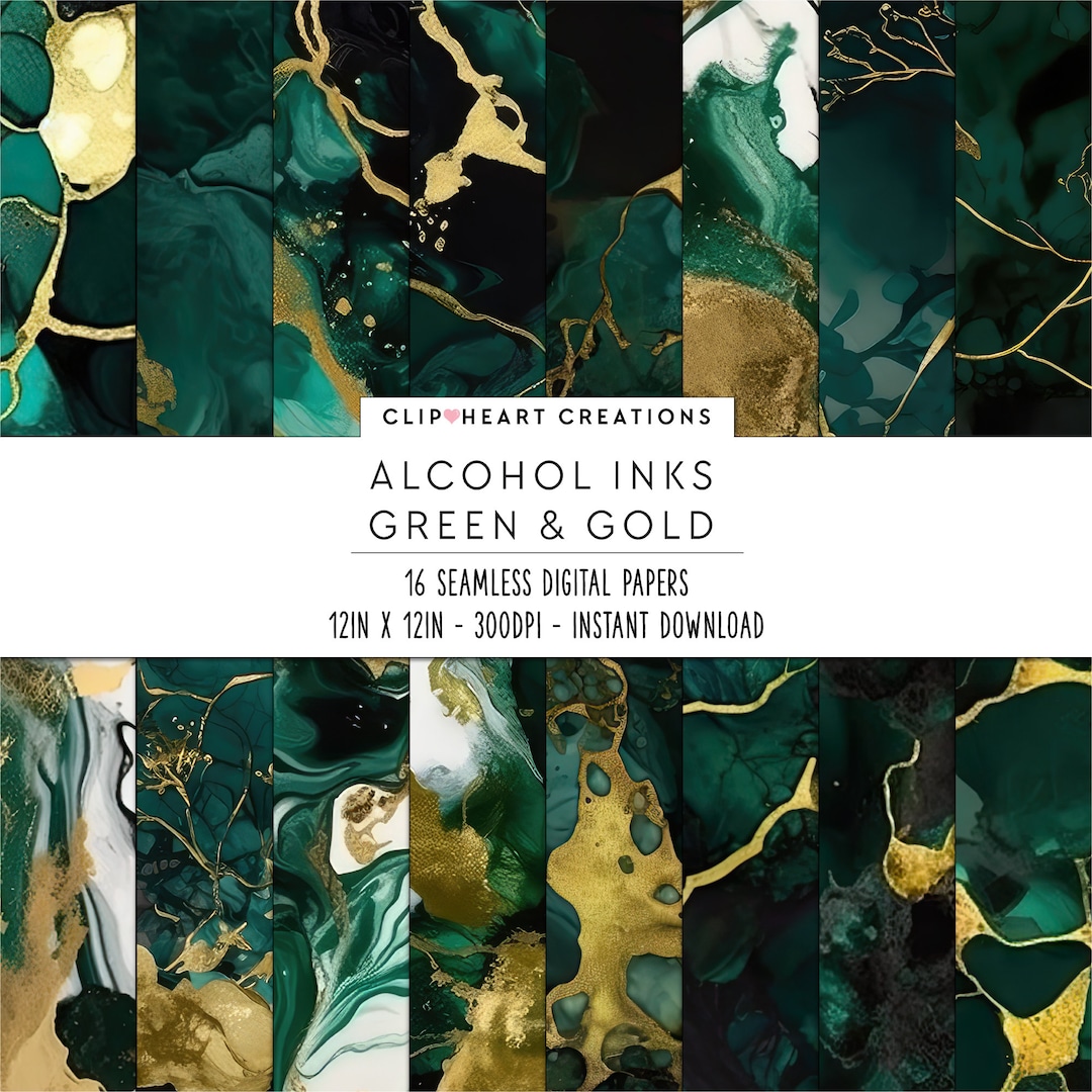 Green and Gold Alcohol Ink Seamless Digital Papers, Seamless Commercial ...