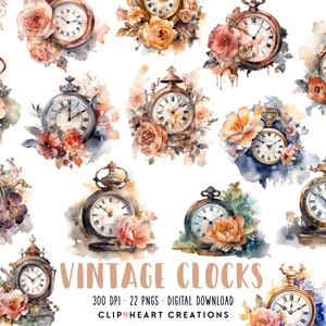 Vintage Clocks Watercolor Clipart Collection, Commercial Use Instant ...