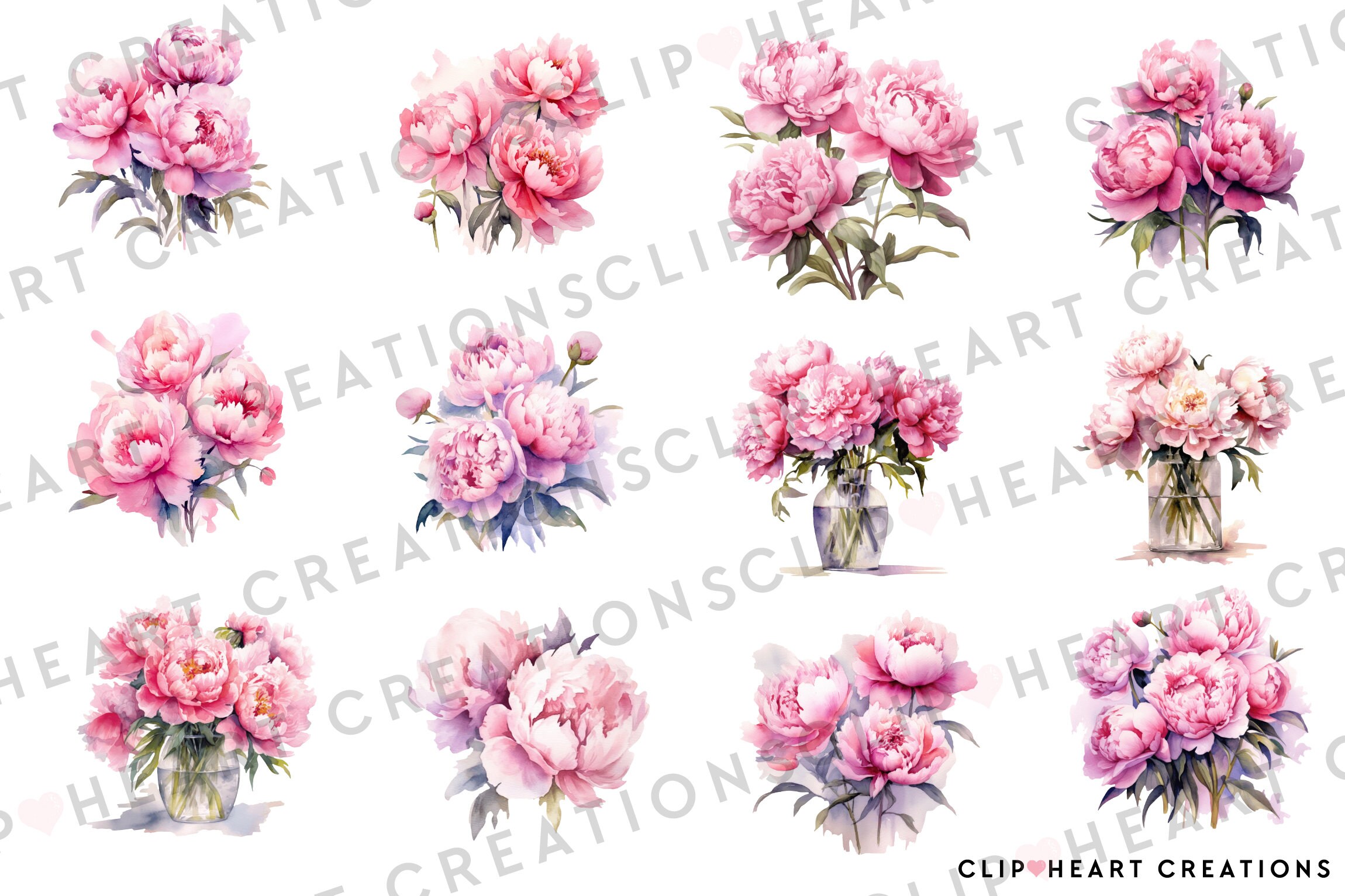 Peonies Watercolor Clipart Set, Commercial Use Instant Download PNG ...