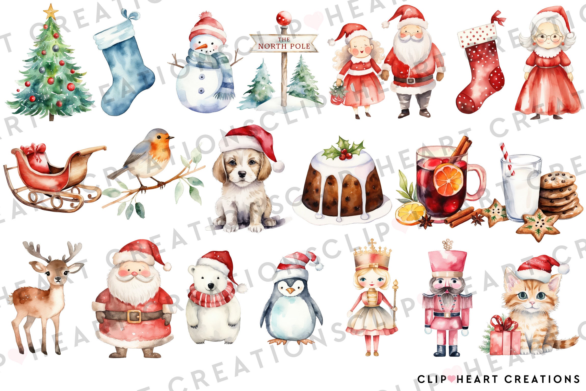 Cute Christmas Watercolor Clipart Set, Commercial Use Instant Download ...