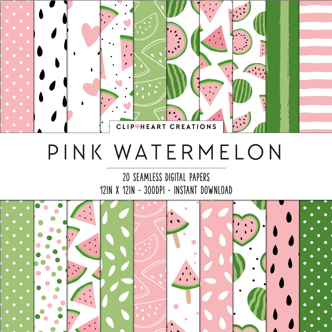 20 Pink Watermelon Themed Digital Papers, Seamless Commercial Use ...