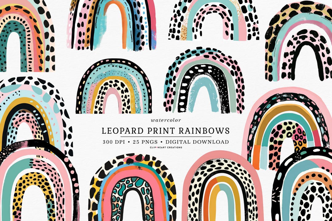 Pink Leopard Print Rainbows Watercolor Clipart Set, Commercial Use ...