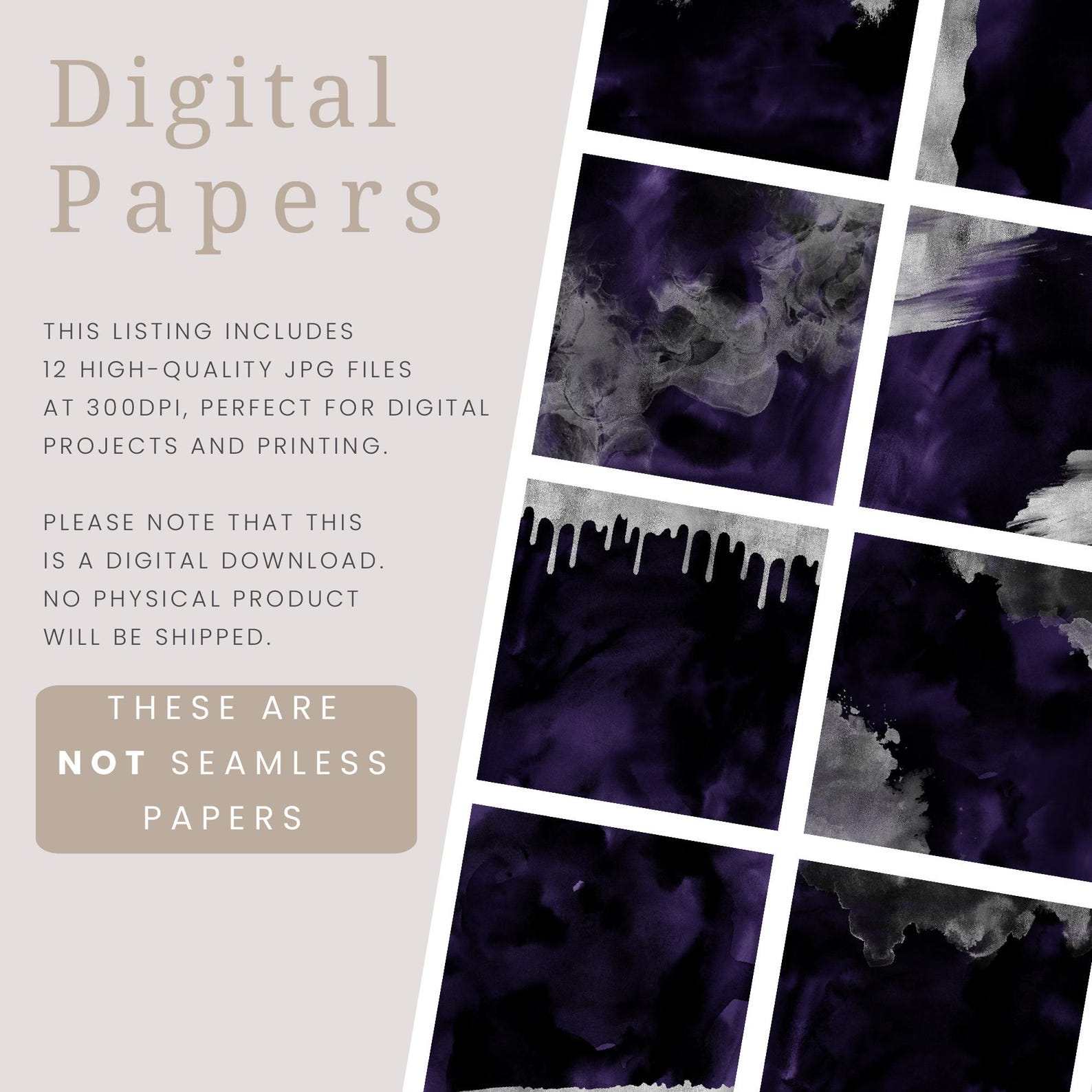 Purple & Silver Watercolor and Foil Digital Papers, Commercial Use ...
