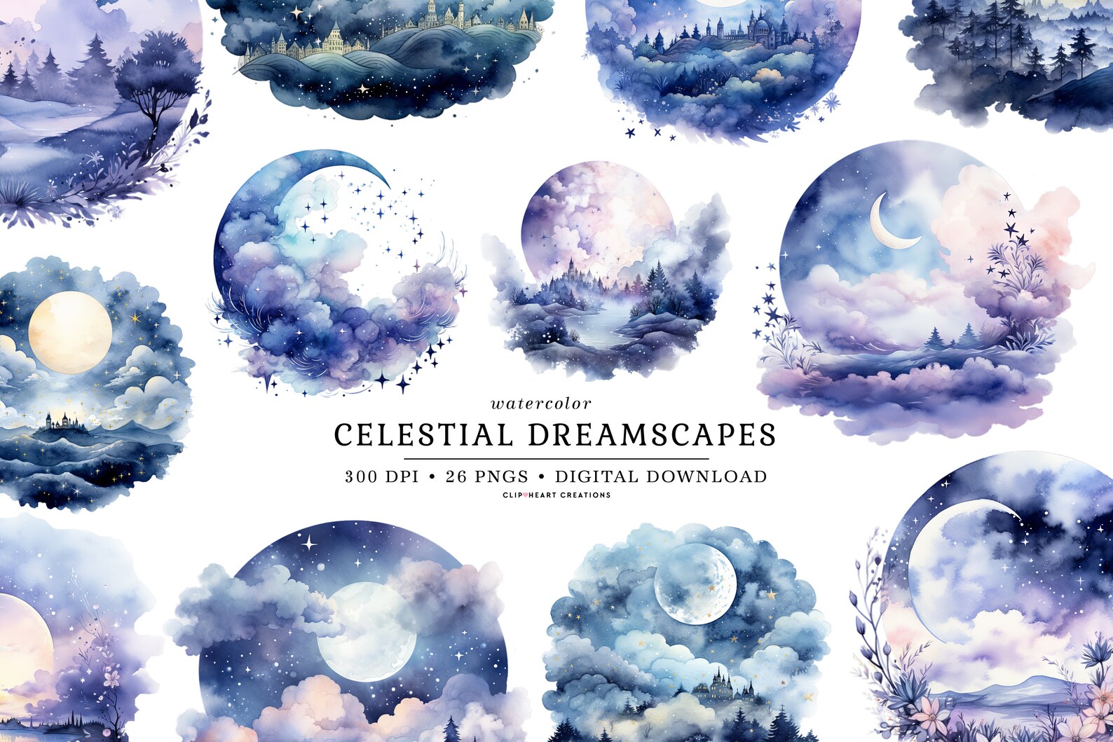 Celestial Dreamscapes Watercolor Clipart Set, Commercial Use Instant ...