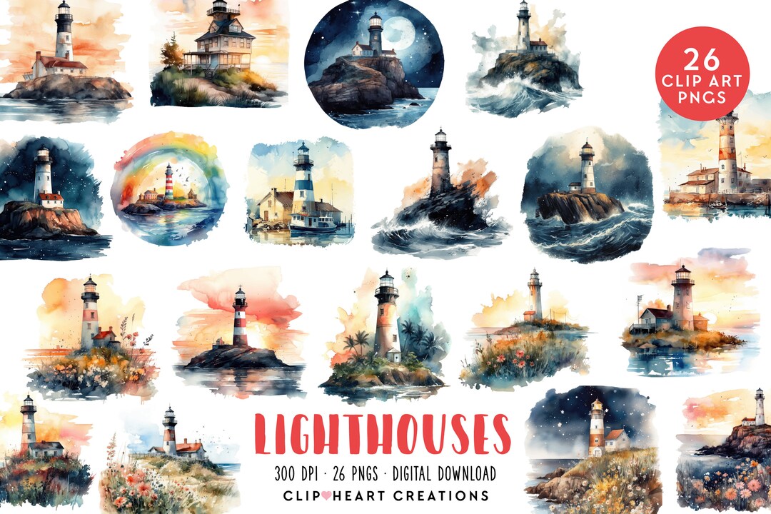 Lighthouse Scene Watercolor Clipart Set, Commercial Use Instant ...
