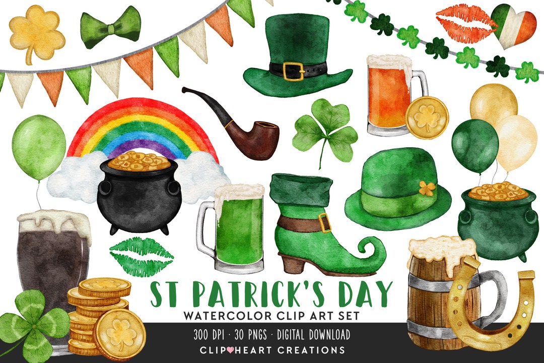 St Patrick's Day Watercolor Clip Art, Commercial Use Instant Download ...