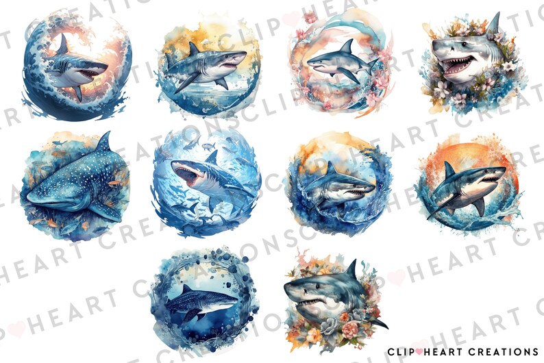 Cool Sharks Watercolor Clipart Set, Commercial Use Instant Download PNG ...