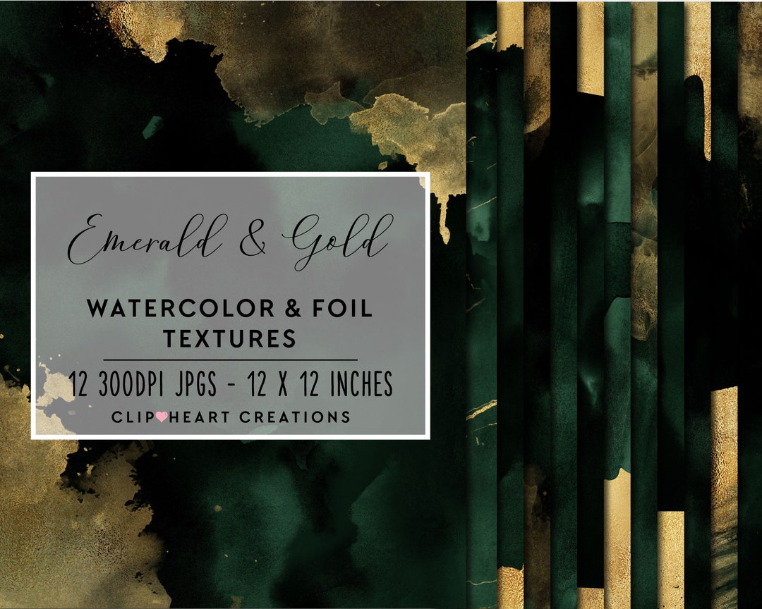 Emerald & Gold Watercolor and Foil Digital Papers, Commercial Use ...