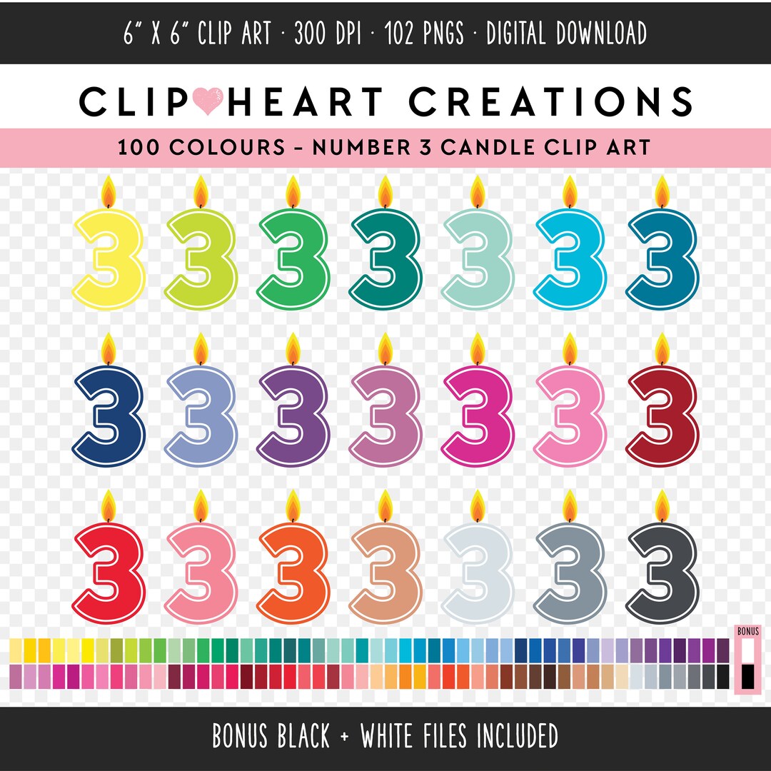 100 Number Three Birthday Candle Clip Art, Commercial Use Instant ...
