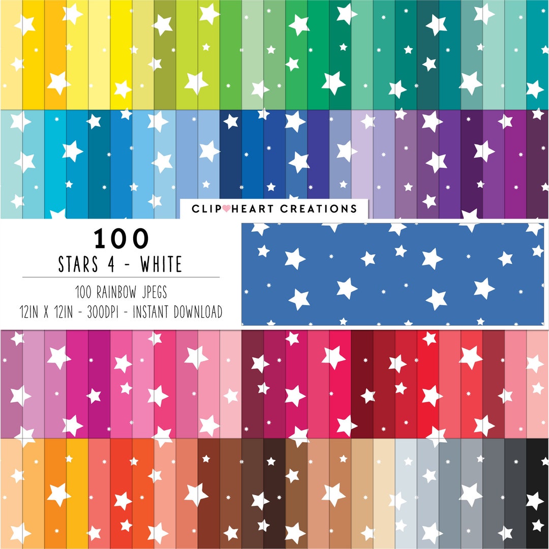 100 Star Pattern Digital Papers, Commercial Use Seamless White Stars ...