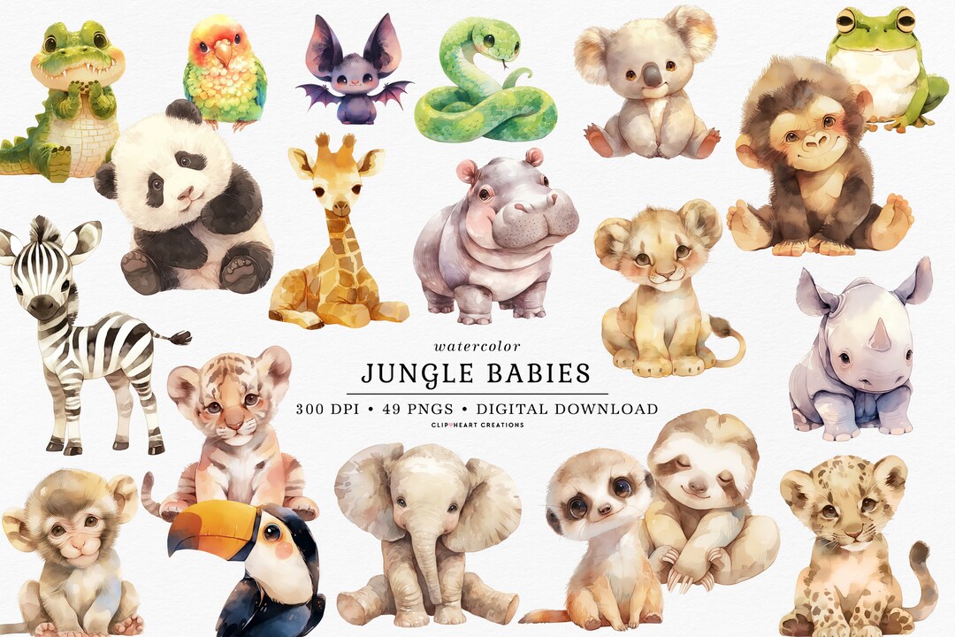Watercolor Jungle Babies Clipart, Commercial Use Instant Download PNG ...