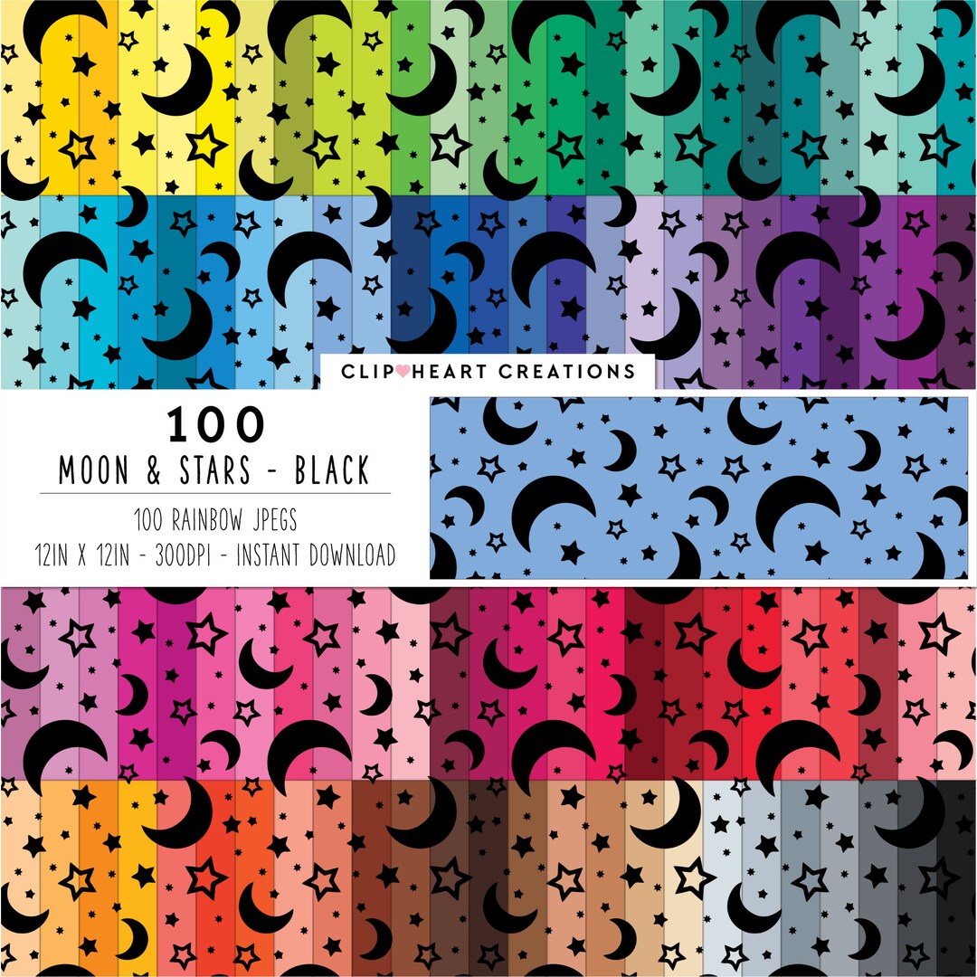 100 Moon & Stars Digital Papers, Commercial Use Seamless Stars Digital ...