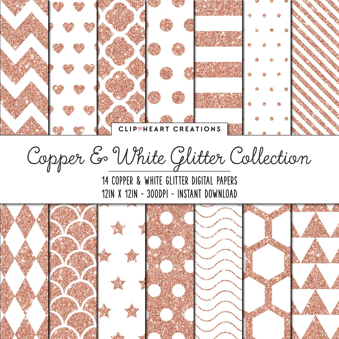 14 Copper and White Glitter Pattern Digital Papers Commercial - Etsy