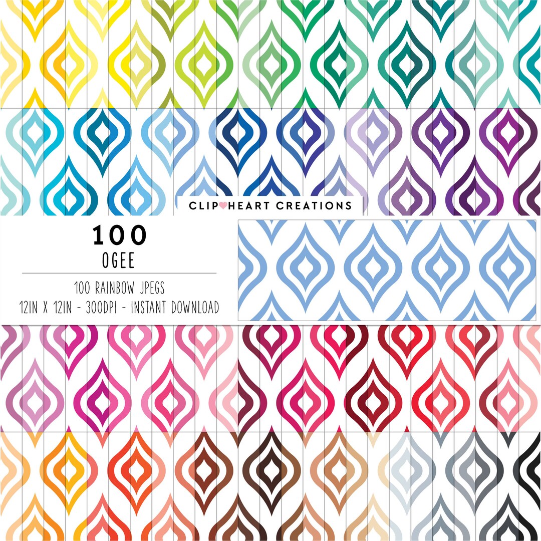 100 Ogee Pattern Digital Paper, Commercial Use Seamless Rainbow Ogee ...