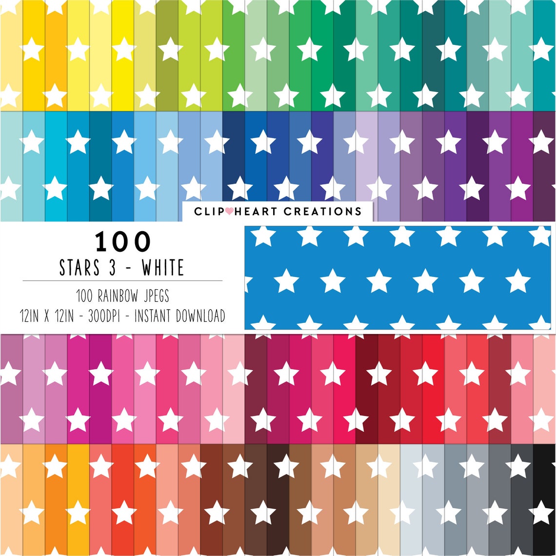 100 Star Pattern Digital Papers, Commercial Use Seamless White Stars ...