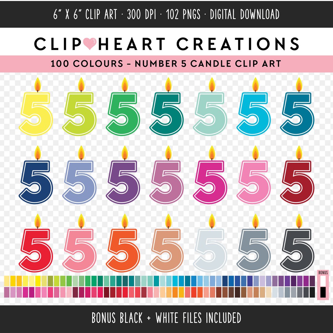 100 Number Five Birthday Candle Clip Art, Commercial Use Instant ...