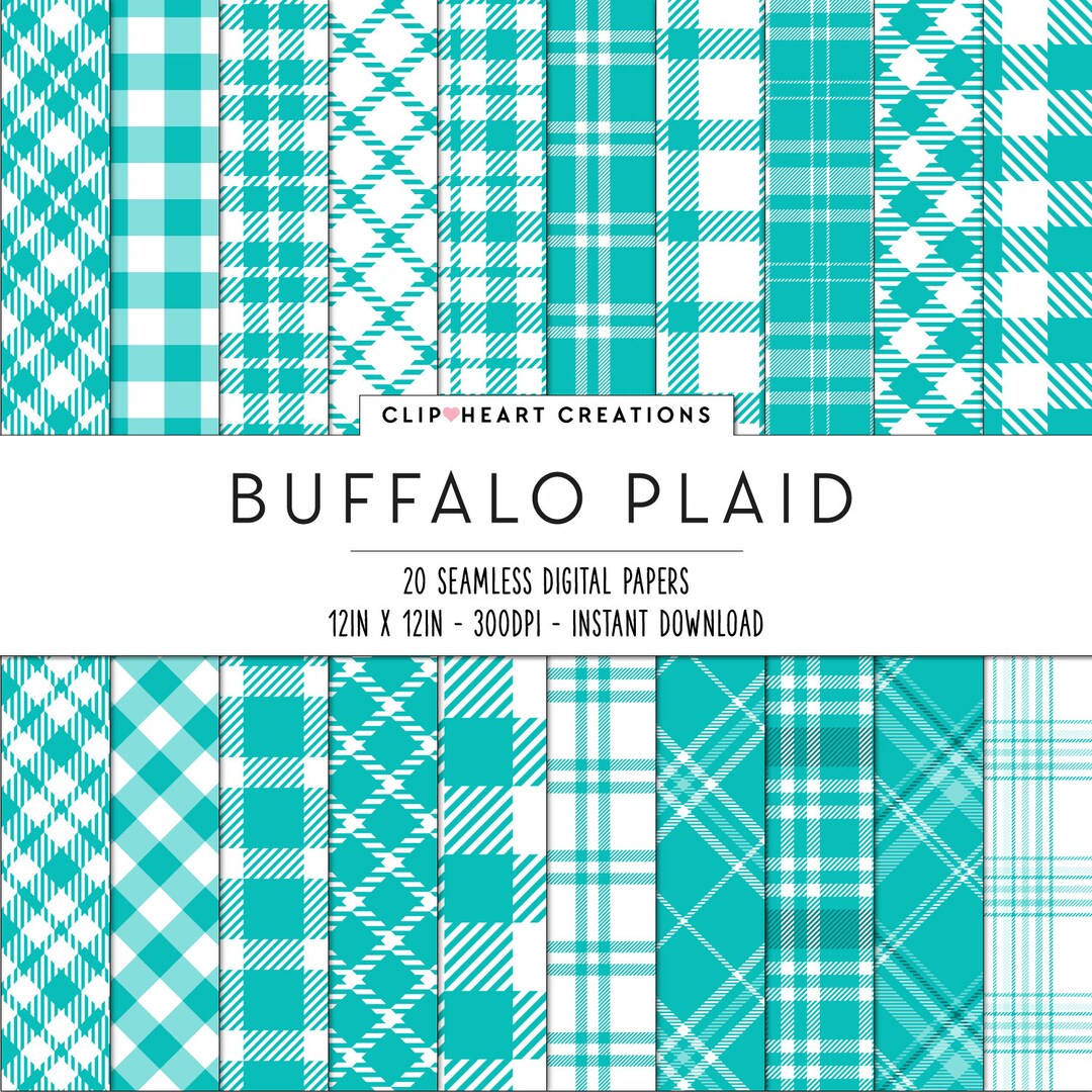 Aqua Buffalo Plaid Digital Paper Set, Seamless Lumberjack Plaid Papers ...
