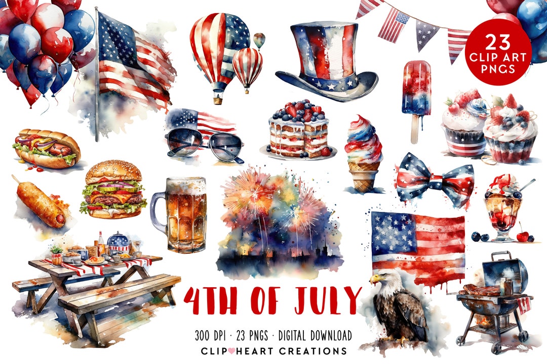 4th of July Watercolor Clipart Set, Commercial Use Instant Download PNG ...