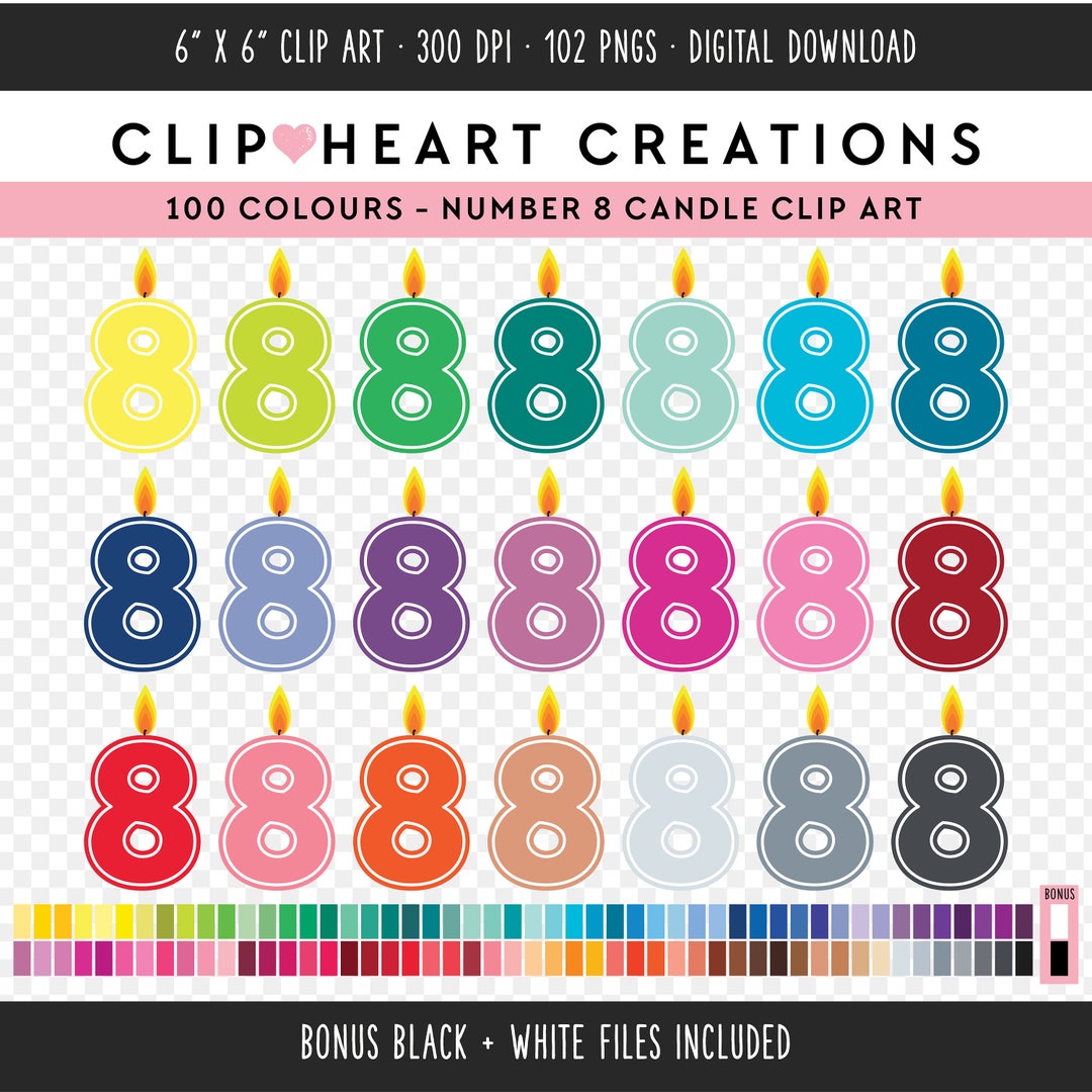 Number 8 Birthday Candle Clipart: 100 Colors (PNG Digital Download) - Etsy