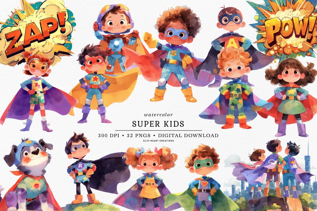 Super Kids Super Heroes Watercolor Clipart Set, Commercial Use Instant ...