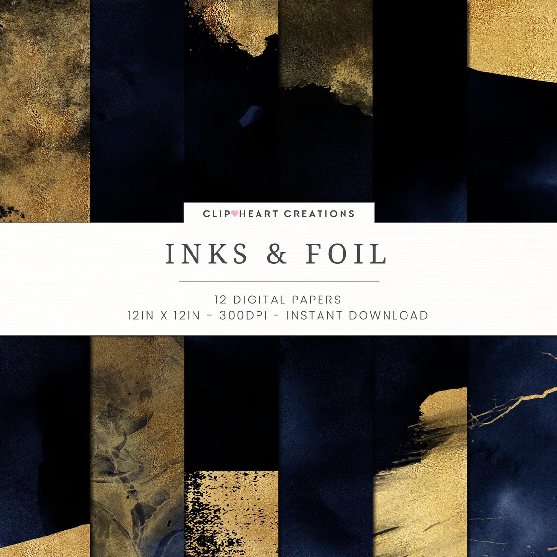 Navy & Gold Watercolor and Foil Digital Papers, Commercial Use Instant ...