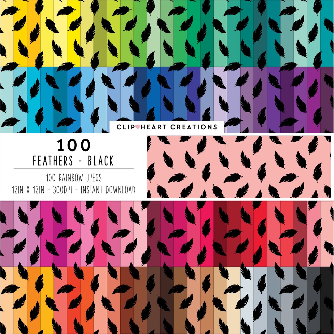 100 Feathers Digital Paper Pack, Commercial Use Seamless Black Feather ...