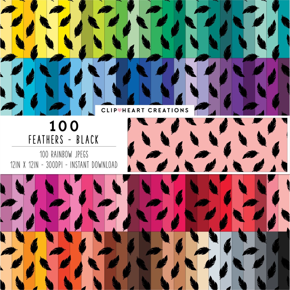 100 Feathers Digital Paper Pack, Commercial Use Seamless Black Feather ...