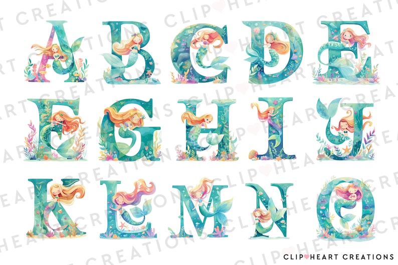 Mermaid Alphabet Clip Art, Commercial Use Instant Download Fantasy ...