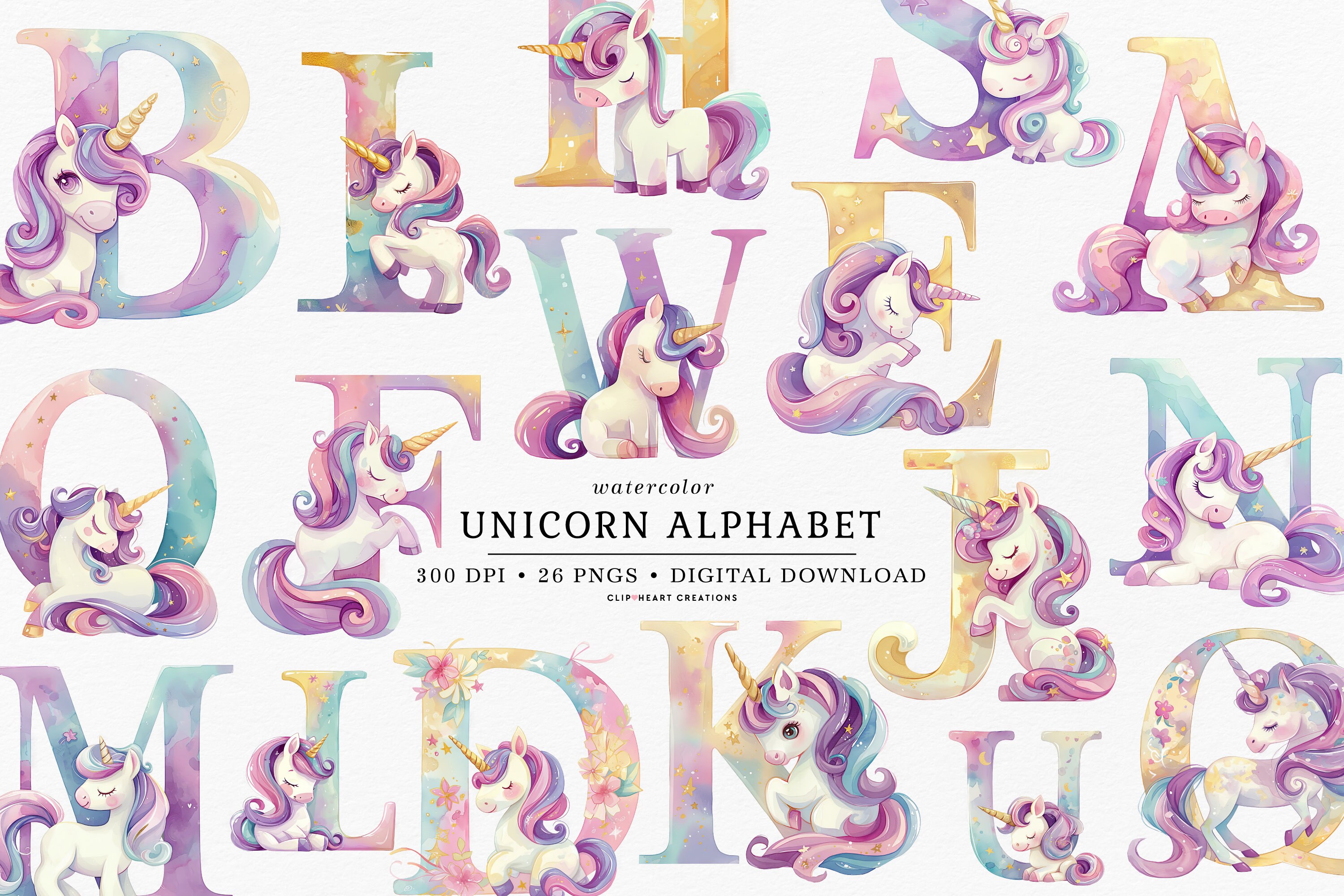 Unicorn Alphabet Clip Art, Commercial Use Instant Download Fantasy ...
