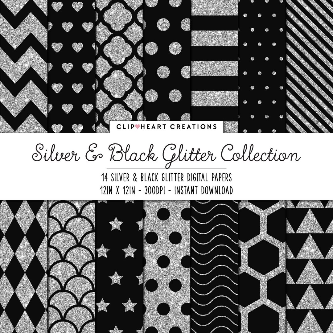 14 Silver and Black Glitter Pattern Digital Papers, Commercial Use ...